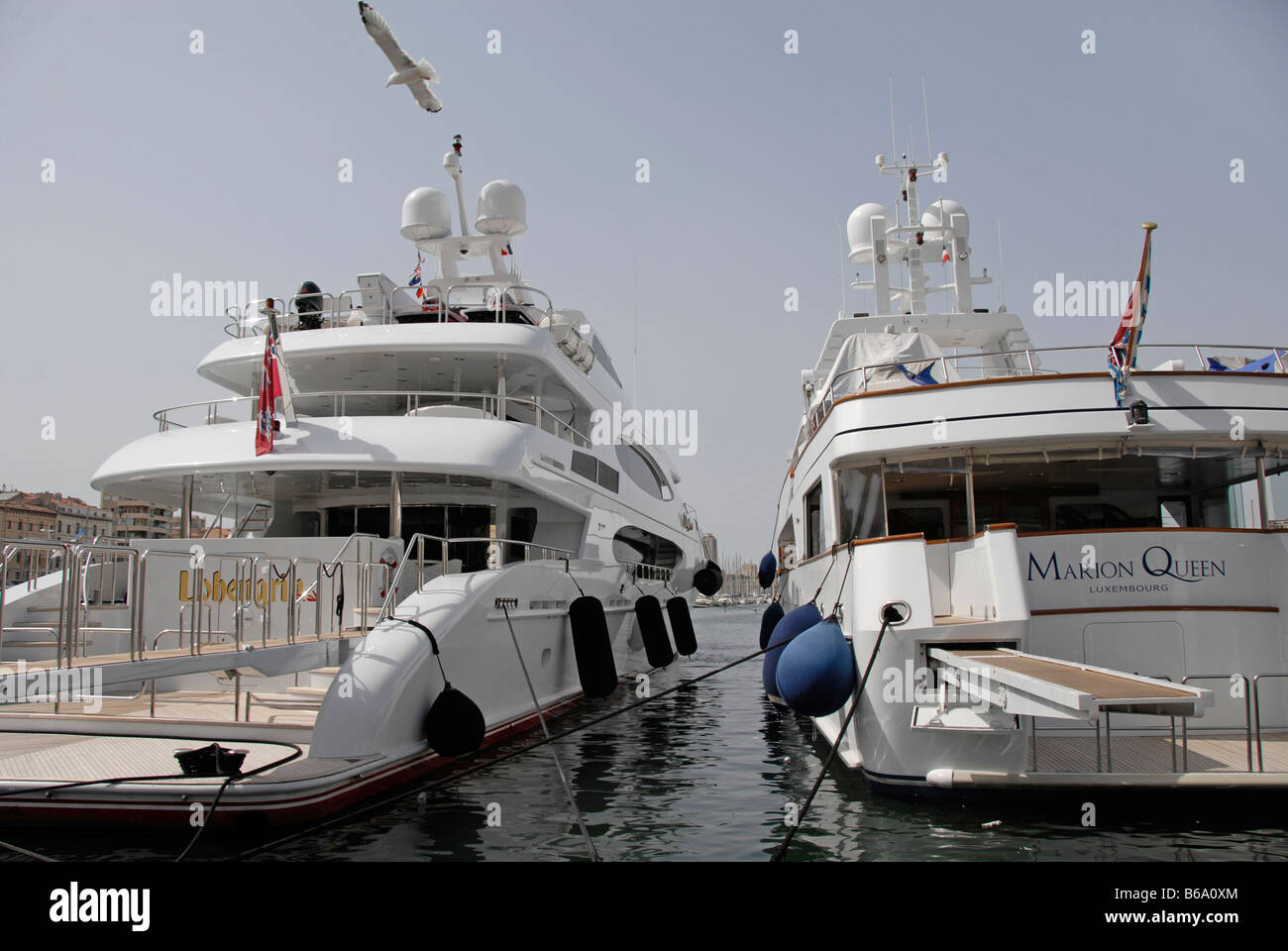 Two motor yachts, rear view, harbour, Marseille, France,. Europe Stock ...