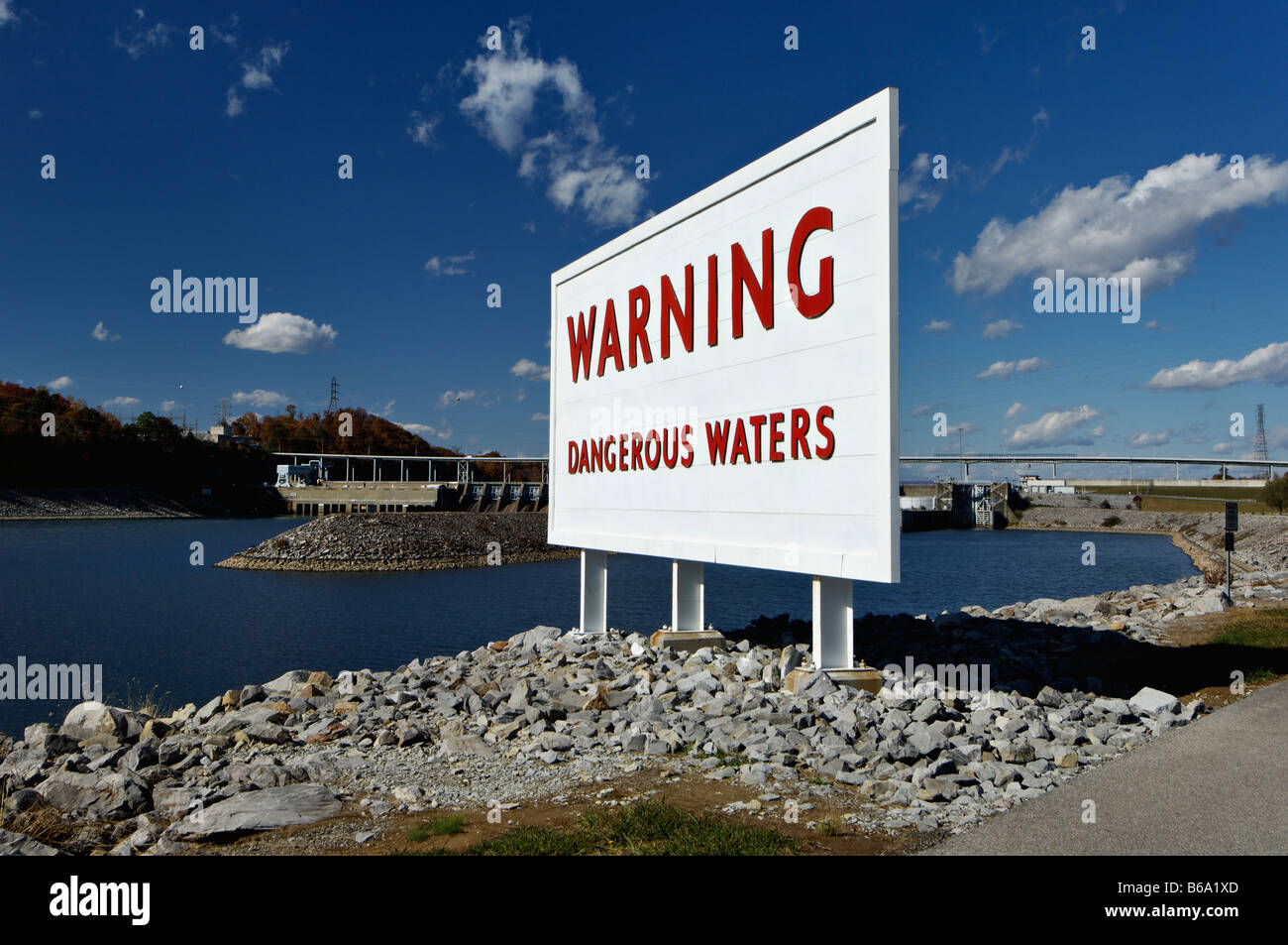Dangerous Waters Warning Sign on Shore at the Tailwaters of the Watts ...