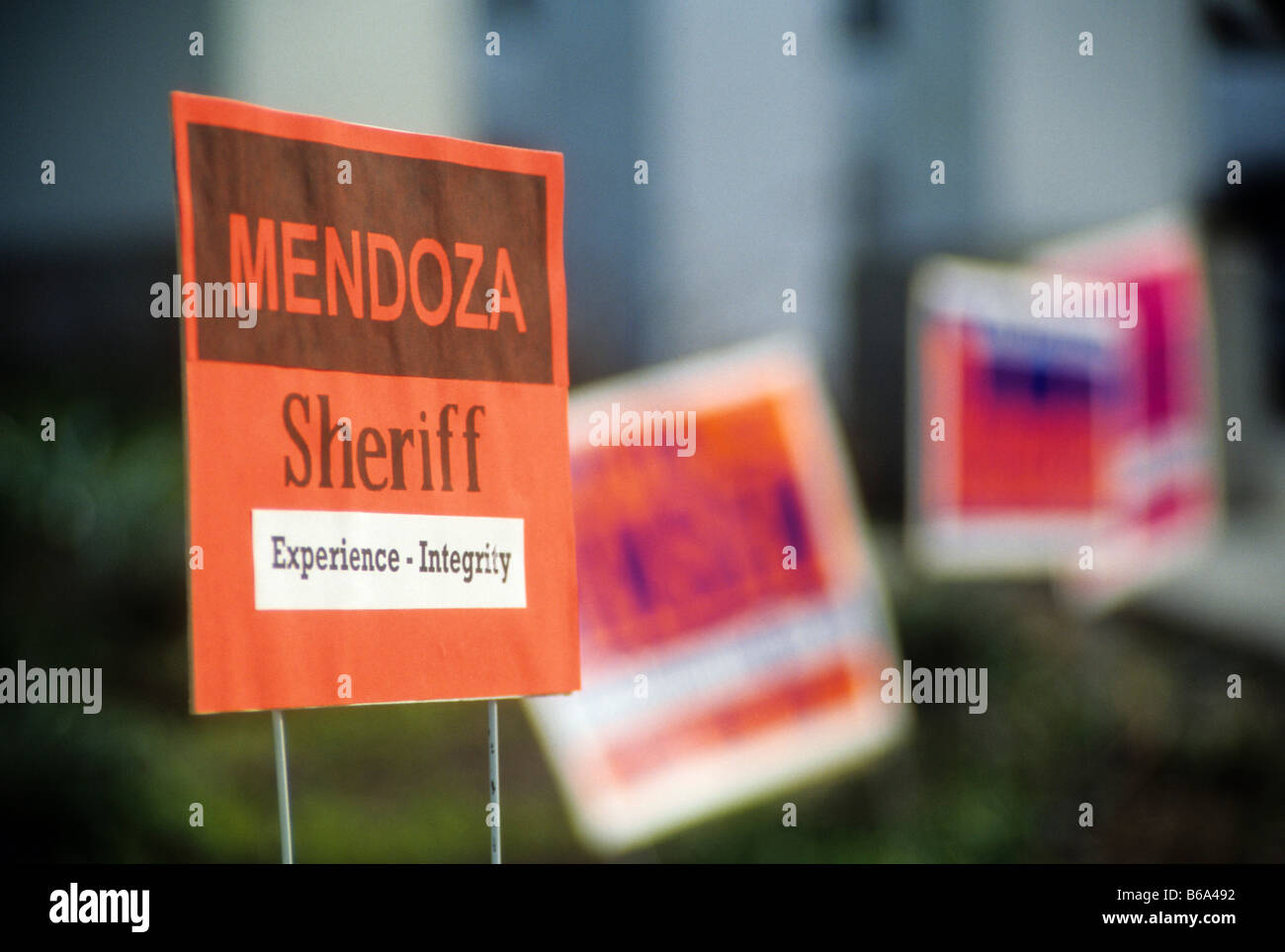 Election signs featuring one supporting Mendoza for sheriff Stock Photo ...