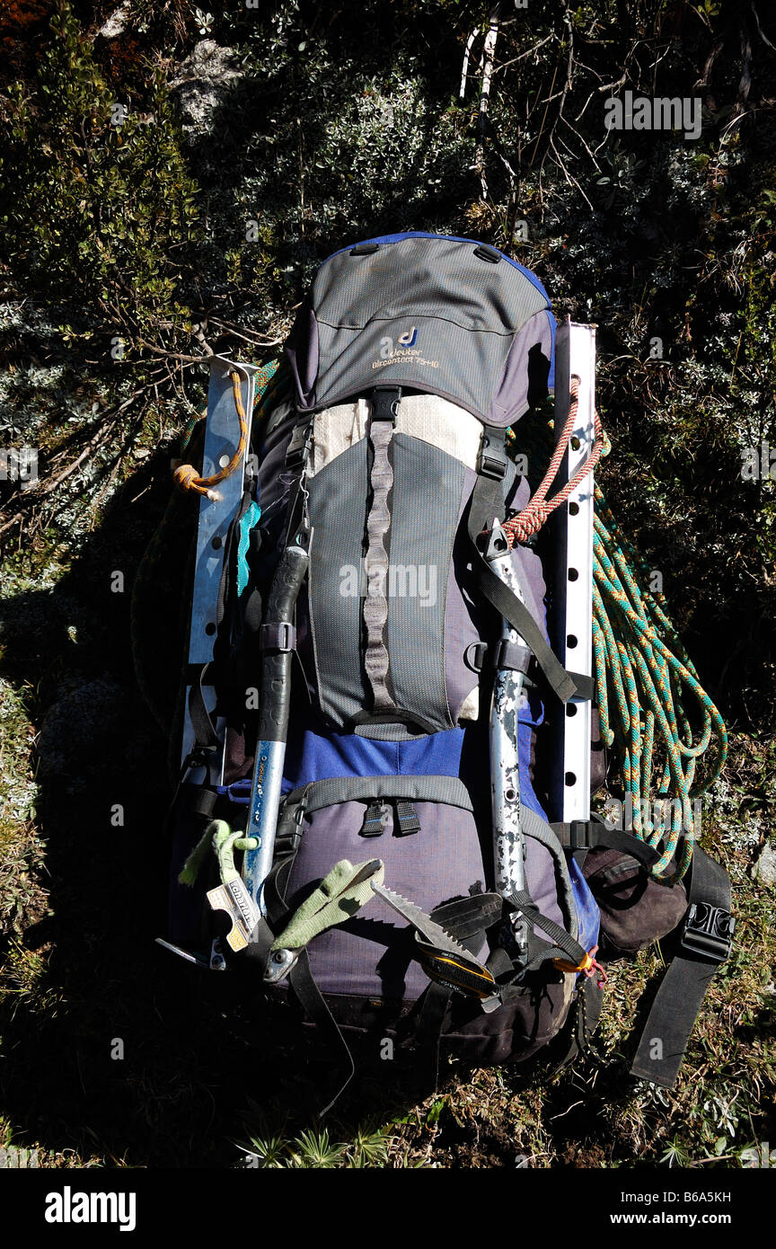 Fully loaded backpack with climbing gear Andes Peru South America Stock ...