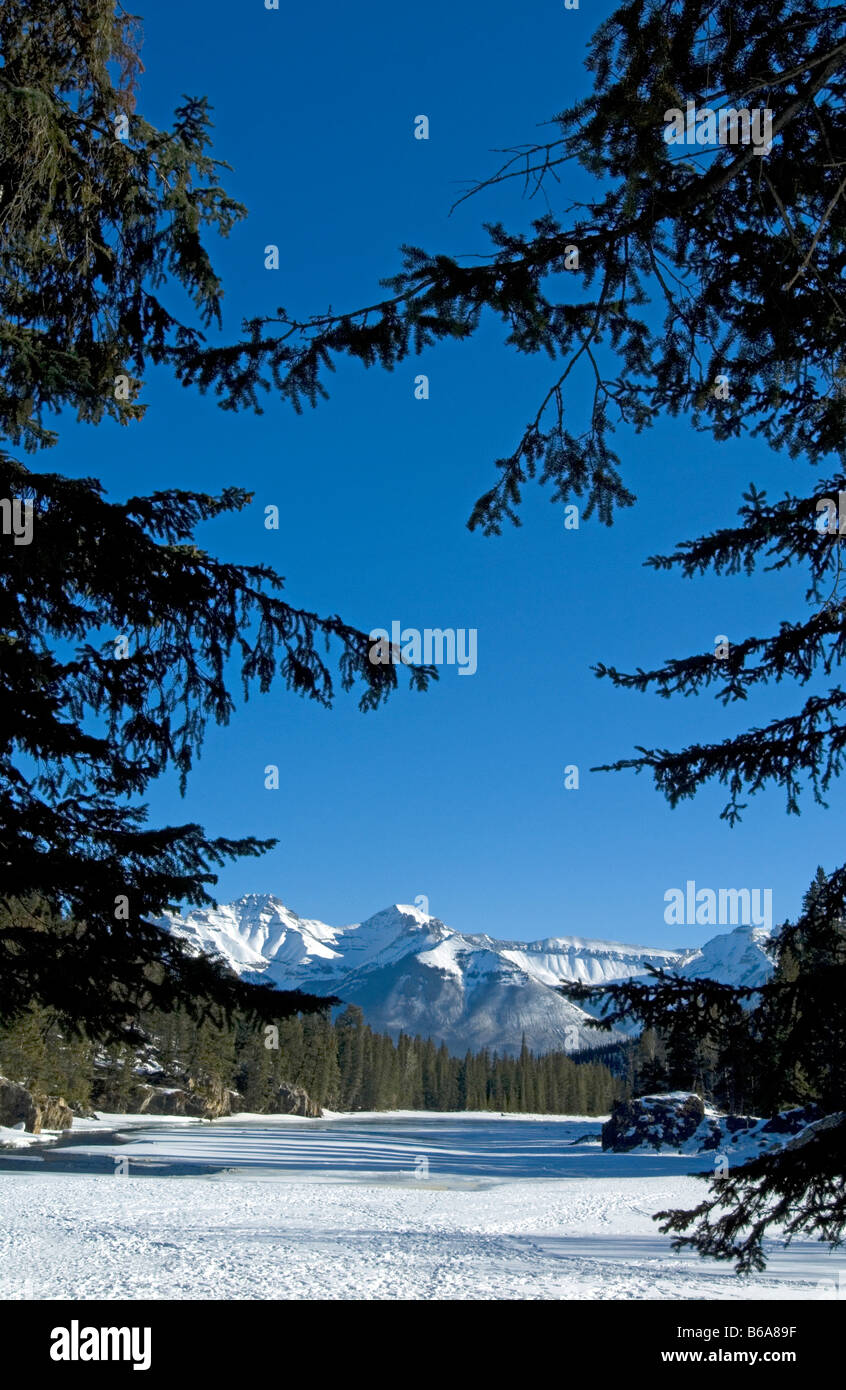 The frozen Bow River, Banff National Park, Banff Alberta Canada Stock ...
