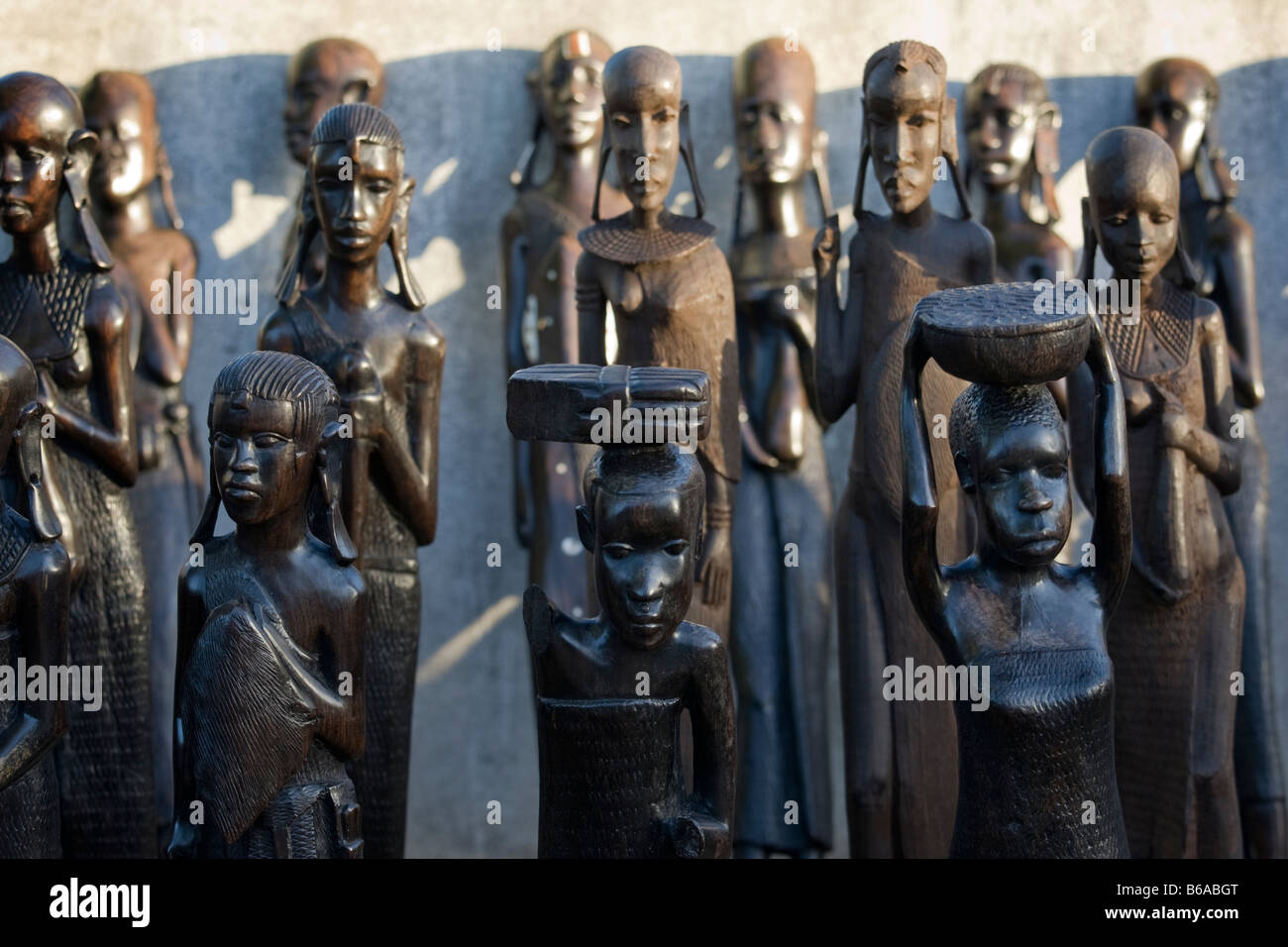 Africa Mozambique Maputo Wood carvings in street market along beach ...