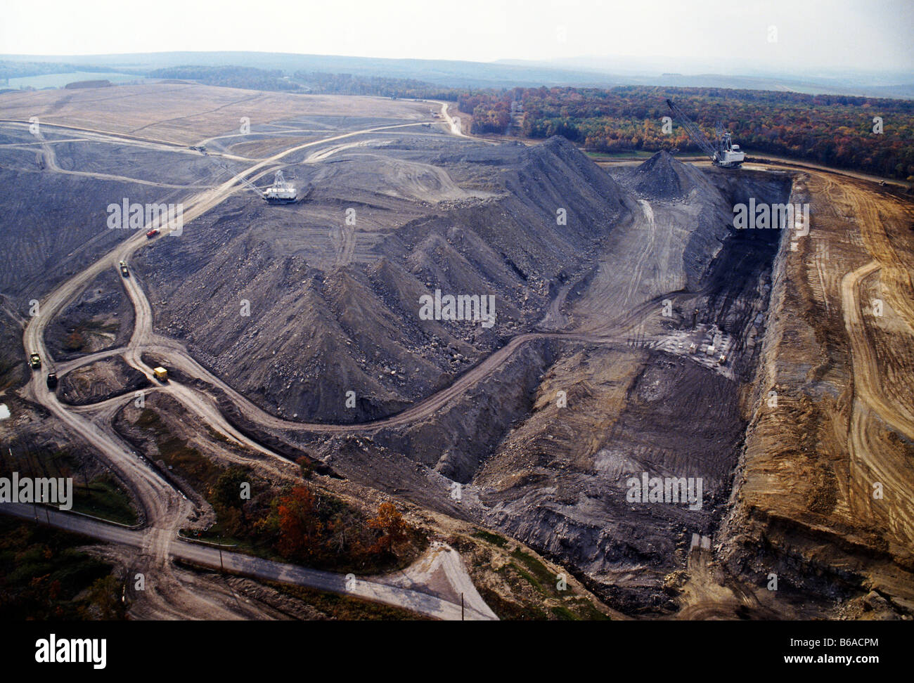 AERIAL VIEW OF OPEN PIT COAL MINE AND DRAGLINE (DIGGING MACHINE ...