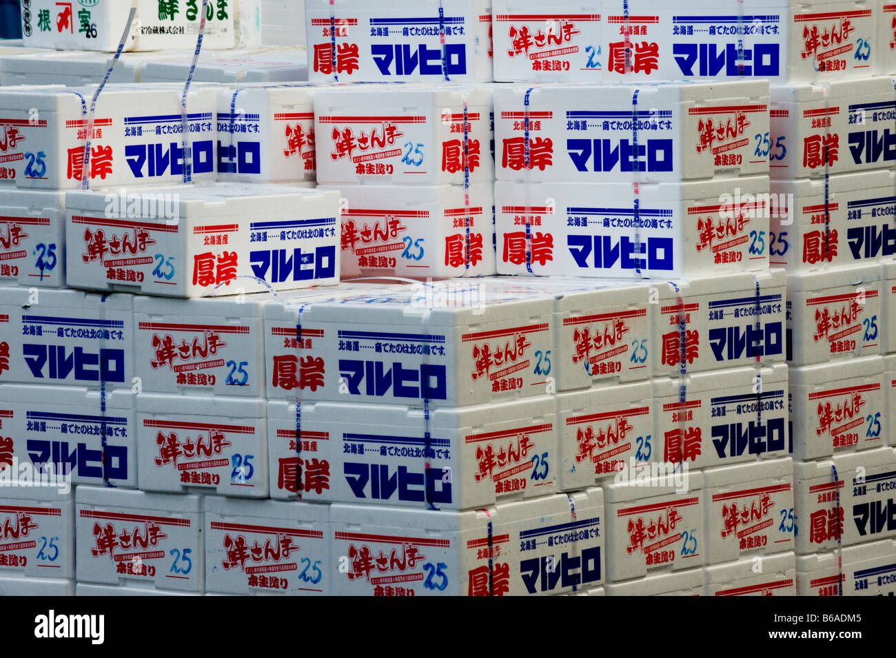 Detail of boxes of fish at The Tsukiji Fish Market in Tokyo, Japan ...