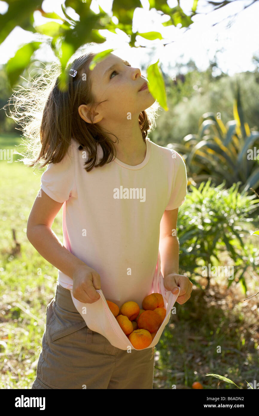 Young girl outside collecting fruit Stock Photo - Alamy
