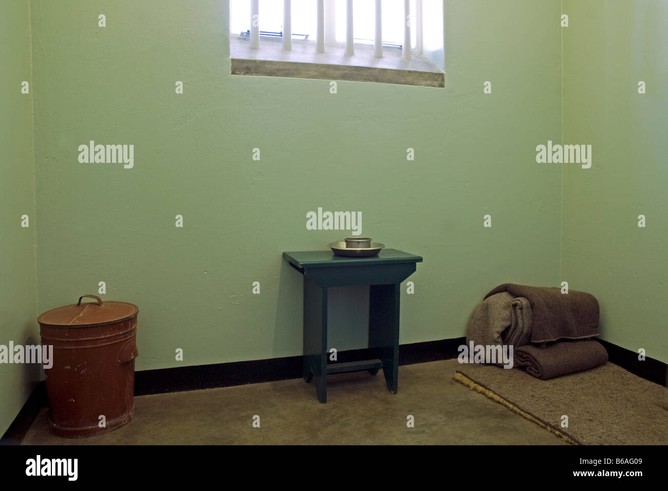 Prison cell of Nelson Mandela in Robben Island prison Cape Town South ...