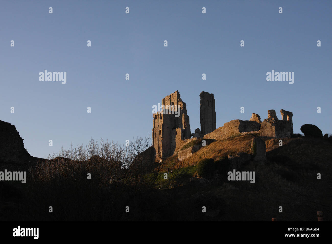 A view of Corfe Castle in the village of Corfe in Dorset in England ...