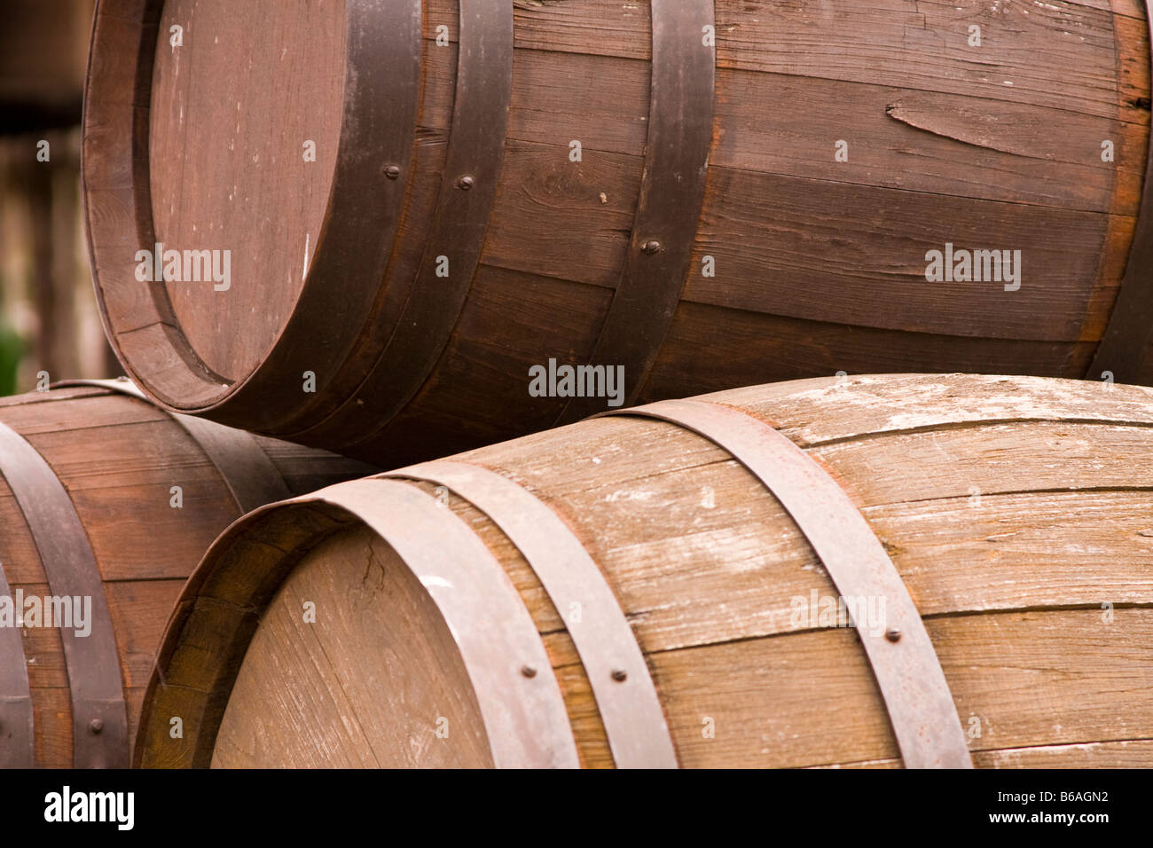 Old wooden iron bound barrels Stock Photo - Alamy