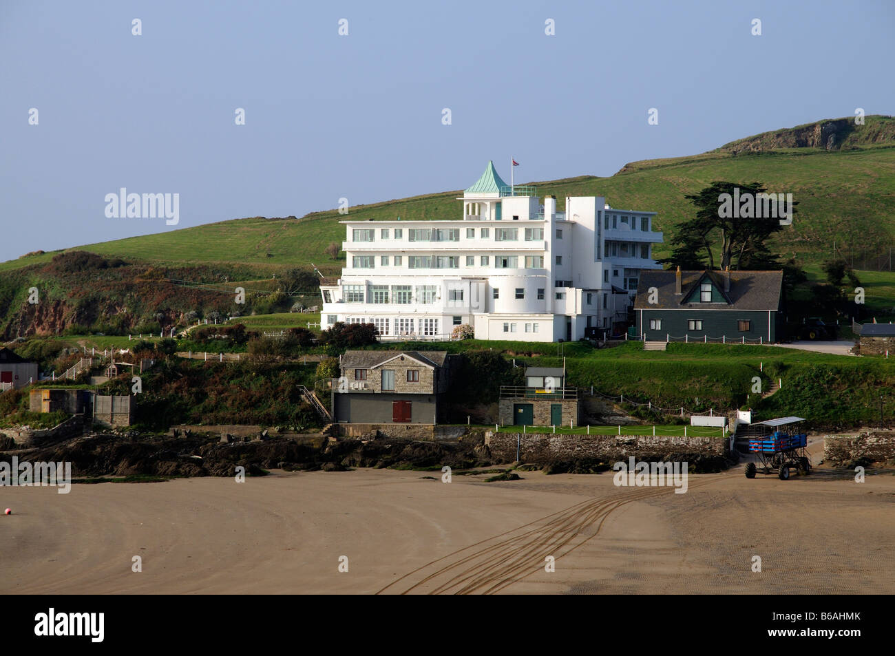 Burgh Island Hotel Devon England UK seen accross the beach from Bigbury ...