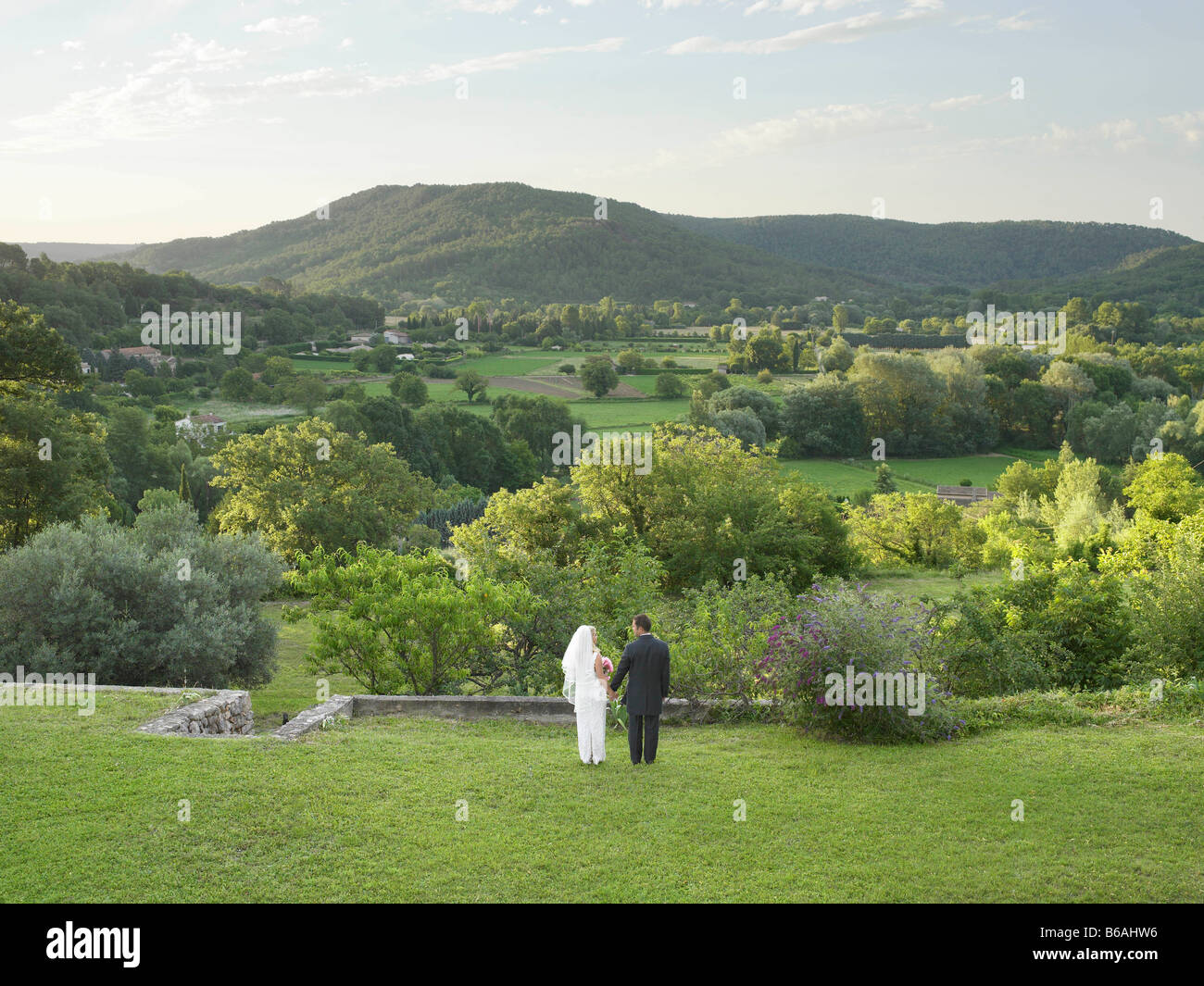 Rear Of Wedding Couple In Garden Stock Photo Alamy rear-of-wedding-couple-in-garden-stock-photo-alamy