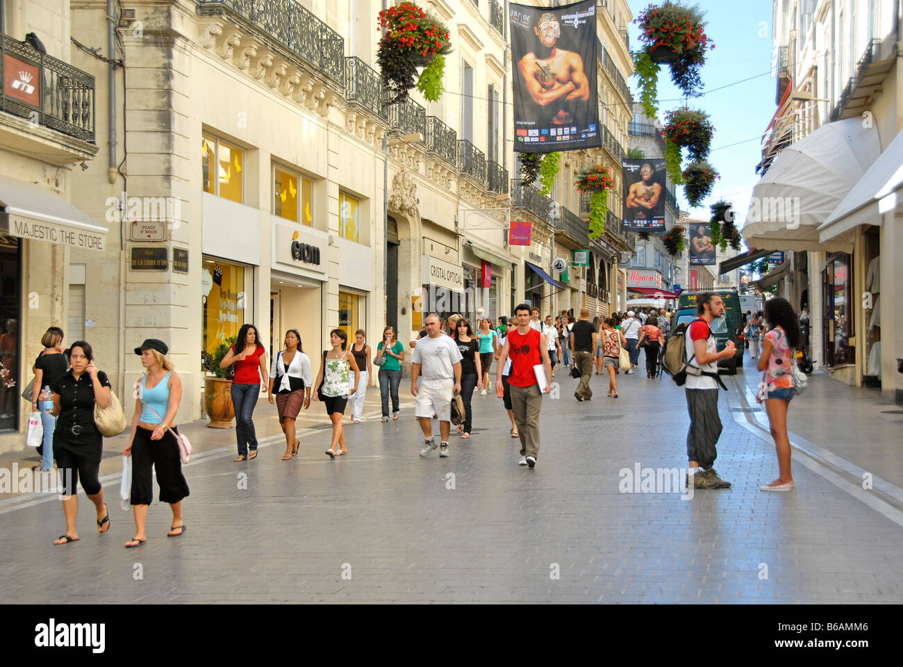 Pedestrian zone, shops, people in the historic centre of Montpellier ...