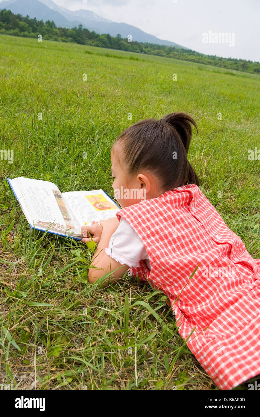 Girl reading book on grass field Stock Photo - Alamy