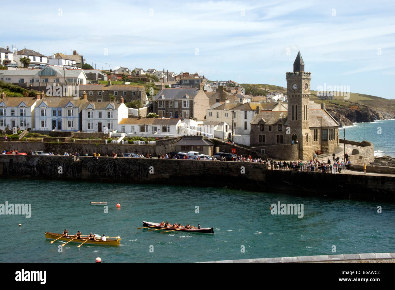 Cornish pilot gigs at harbour of Porthleven during a gig-race, Cornwall ...