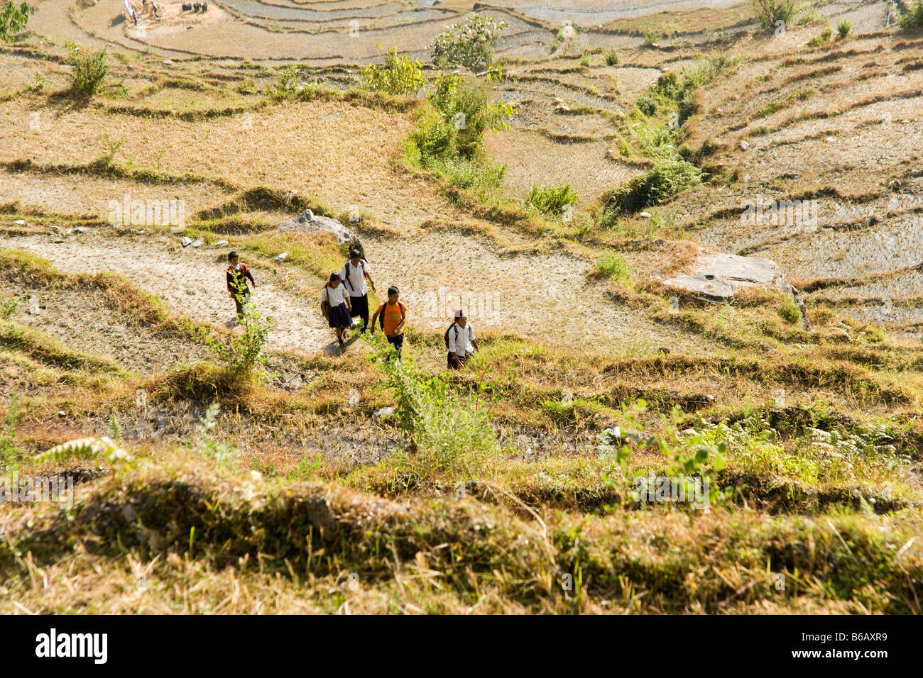 Schoolchildren in a field from the side of the Modi River valley near ...