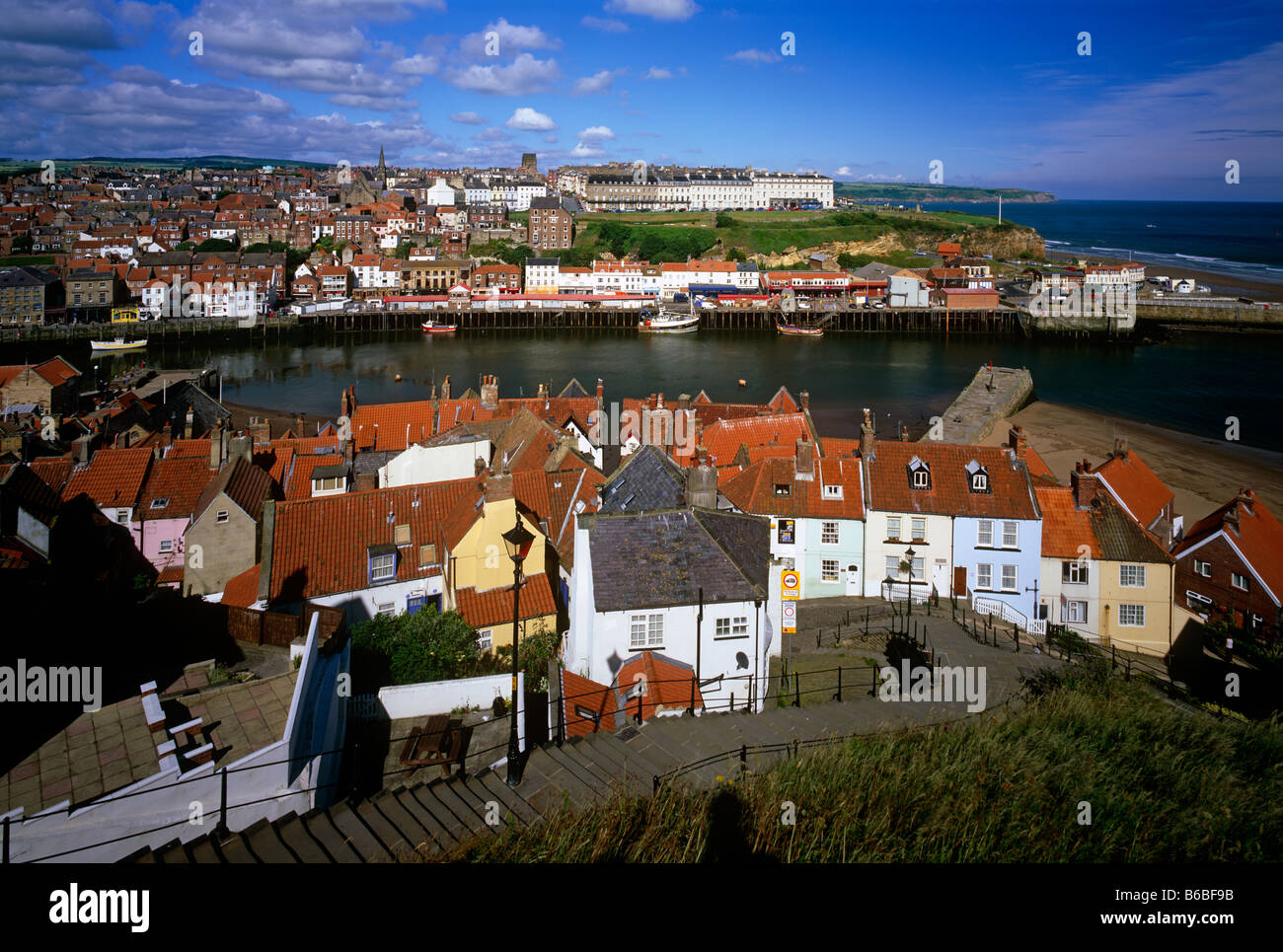 Early morning panoramic vista of Whitby town and harbour, North ...