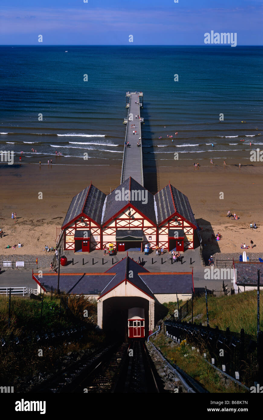 A summer view of the Victorian pier and inclined tramway at saltburn ...