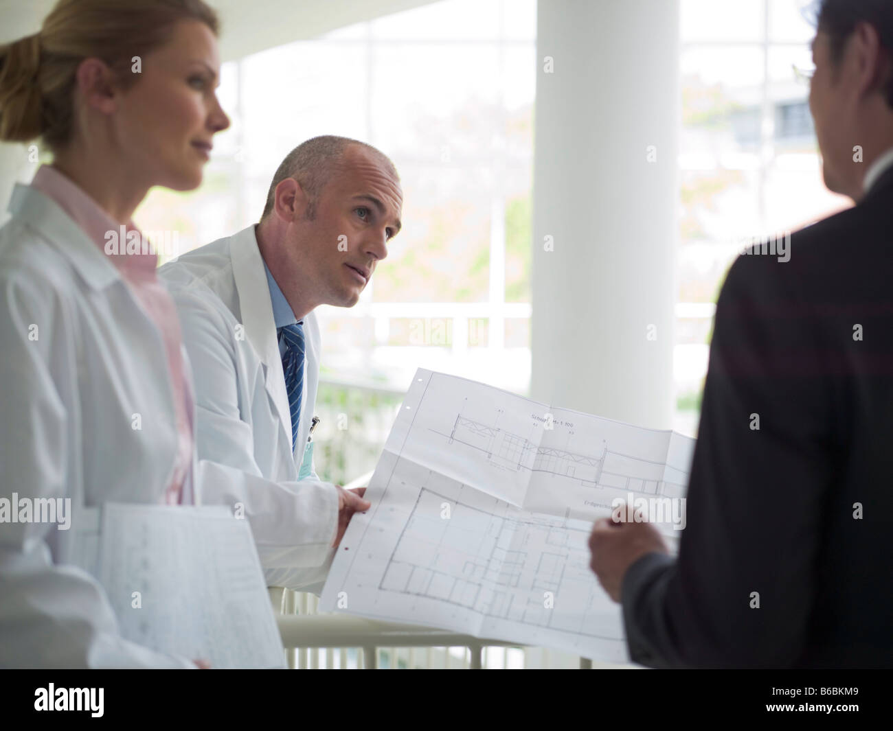 Architect discussing blueprint with doctors Stock Photo - Alamy