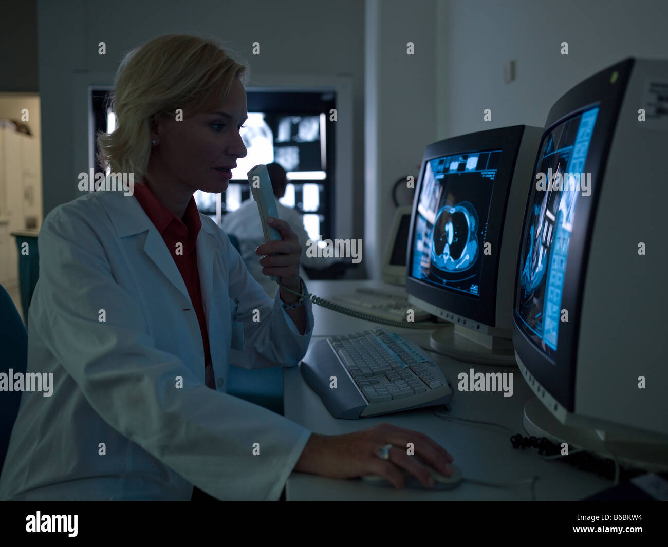 Female doctor examining medical report on computer Stock Photo - Alamy