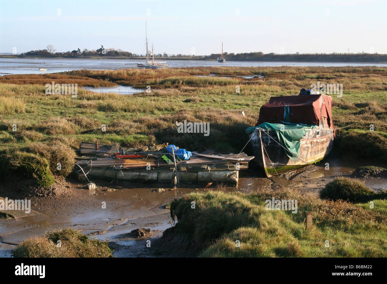 Old wooden Boat in the estuary between Maldon and Northey Island, Essex ...