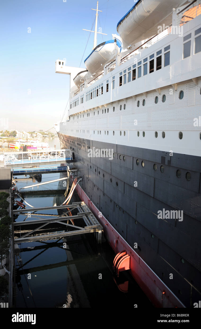 Side view of the hull of the Queen Mary ocean liner, moored as a hotel ...