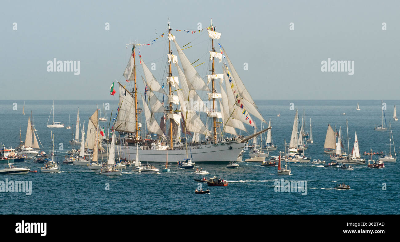 Magnificent three masted barque "Cuauhtémoc" surrounded by smaller ...