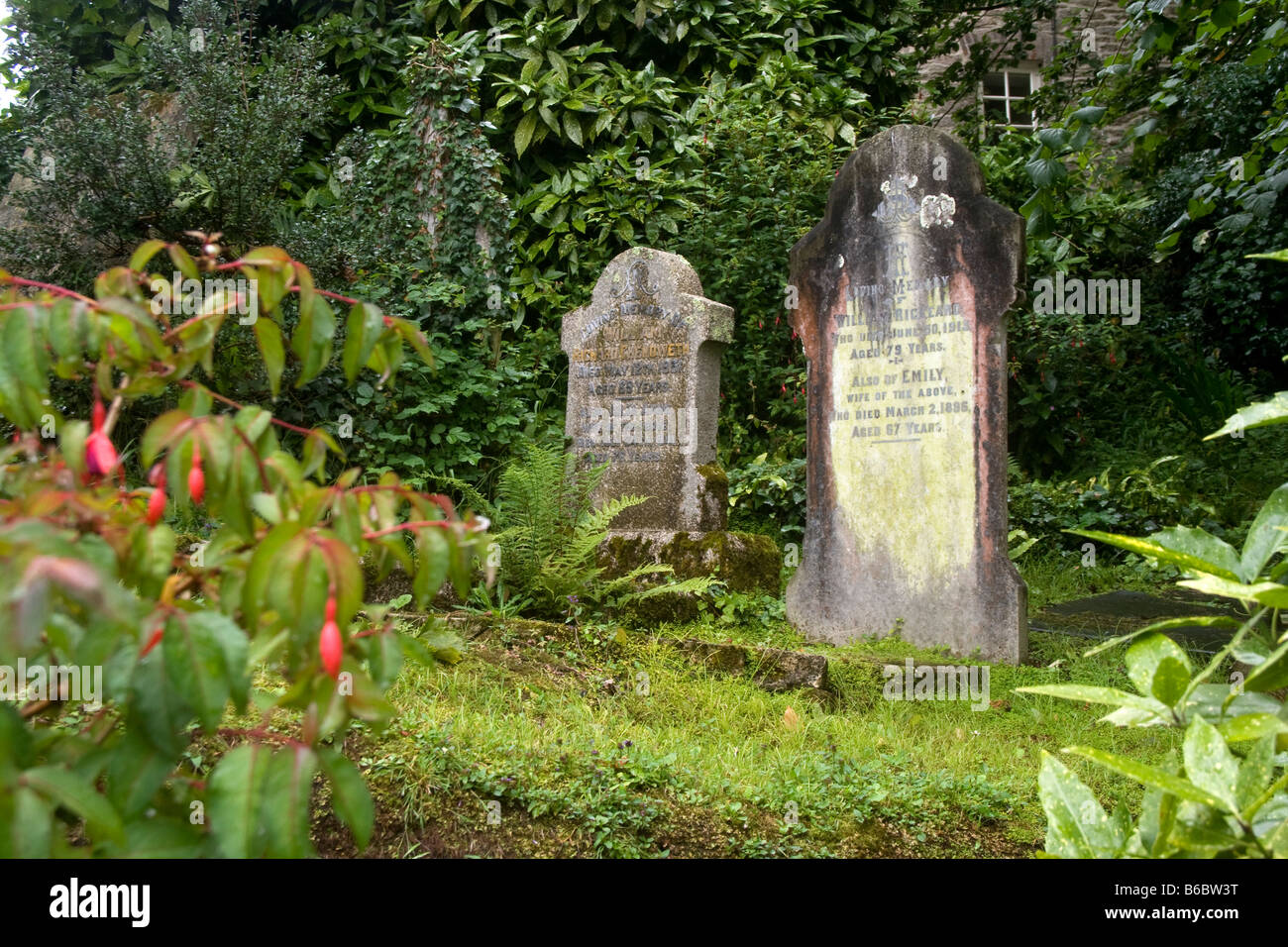 Gravestones on graveyard St. Just in Roseland, Cornwall, England Stock ...