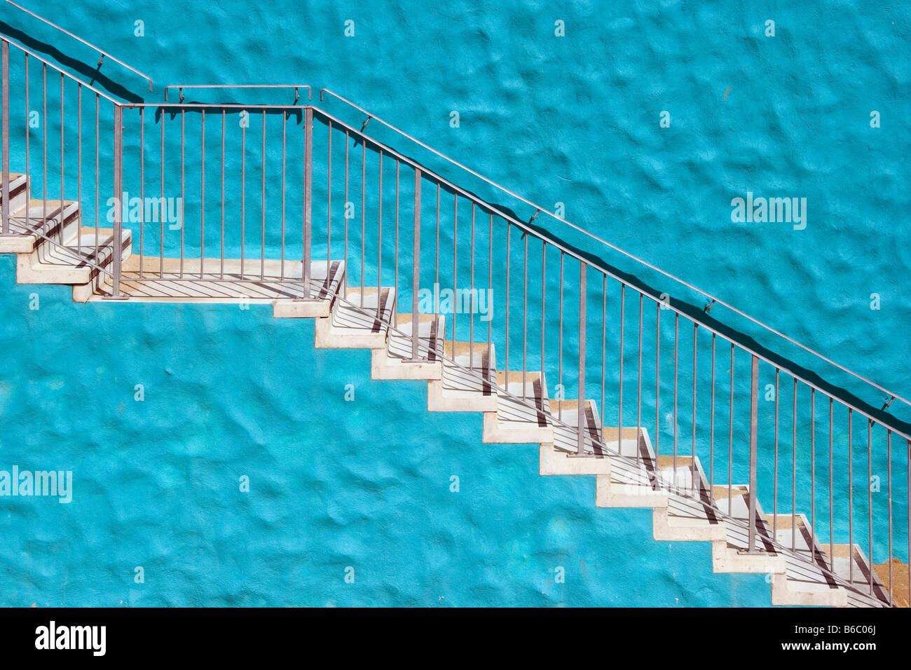 Stairrail with steps, turquoise wall, blue, light, Praa Sands Cornwall ...