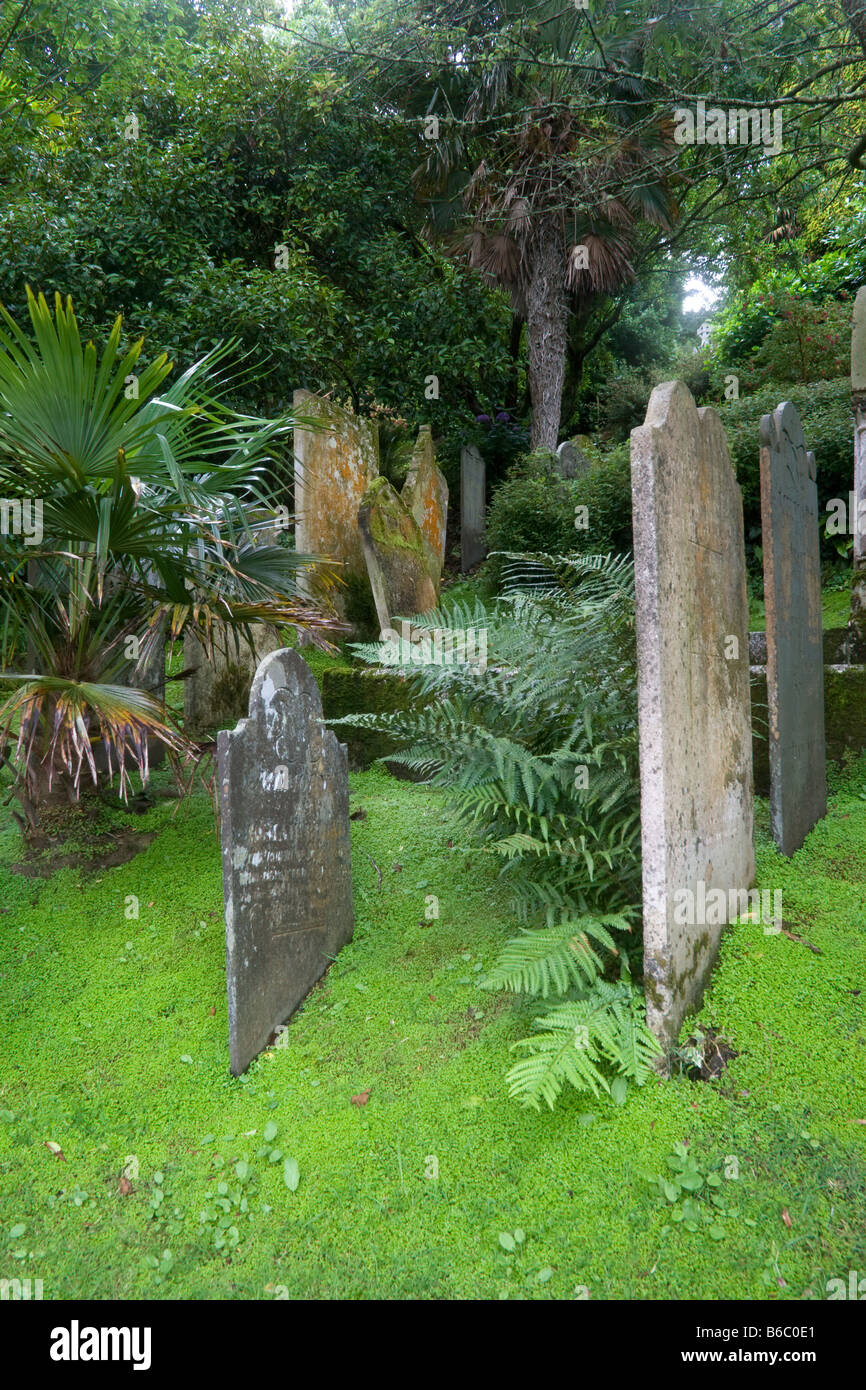 Gravestones on graveyard St. Just in Roseland, Cornwall, England Stock ...