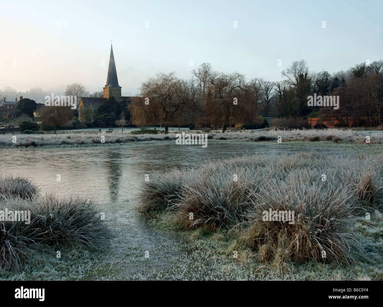 Godalming Parish Church in Surrey UK at sunrise on a winter's morning ...