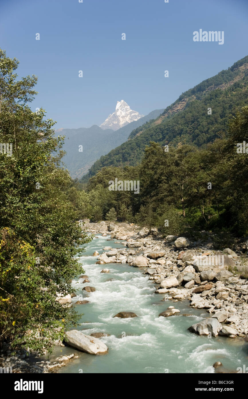 Fishtail Mountain from a rope bridge over the Modi river Valley in the ...