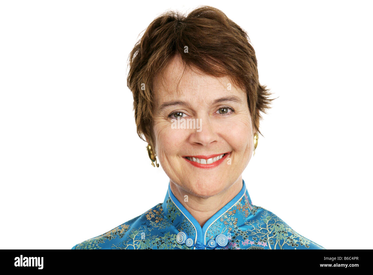 Portrait headshot of a pretty perky mature woman Isolated on white ...