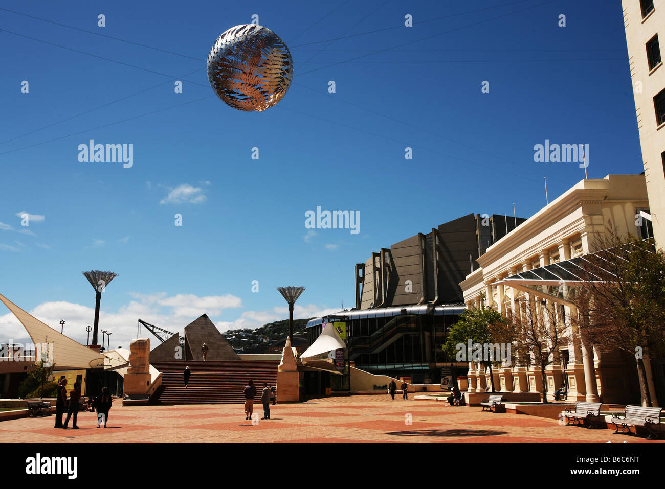 The floating sphere in Civic Square in Wellington on the North Island ...