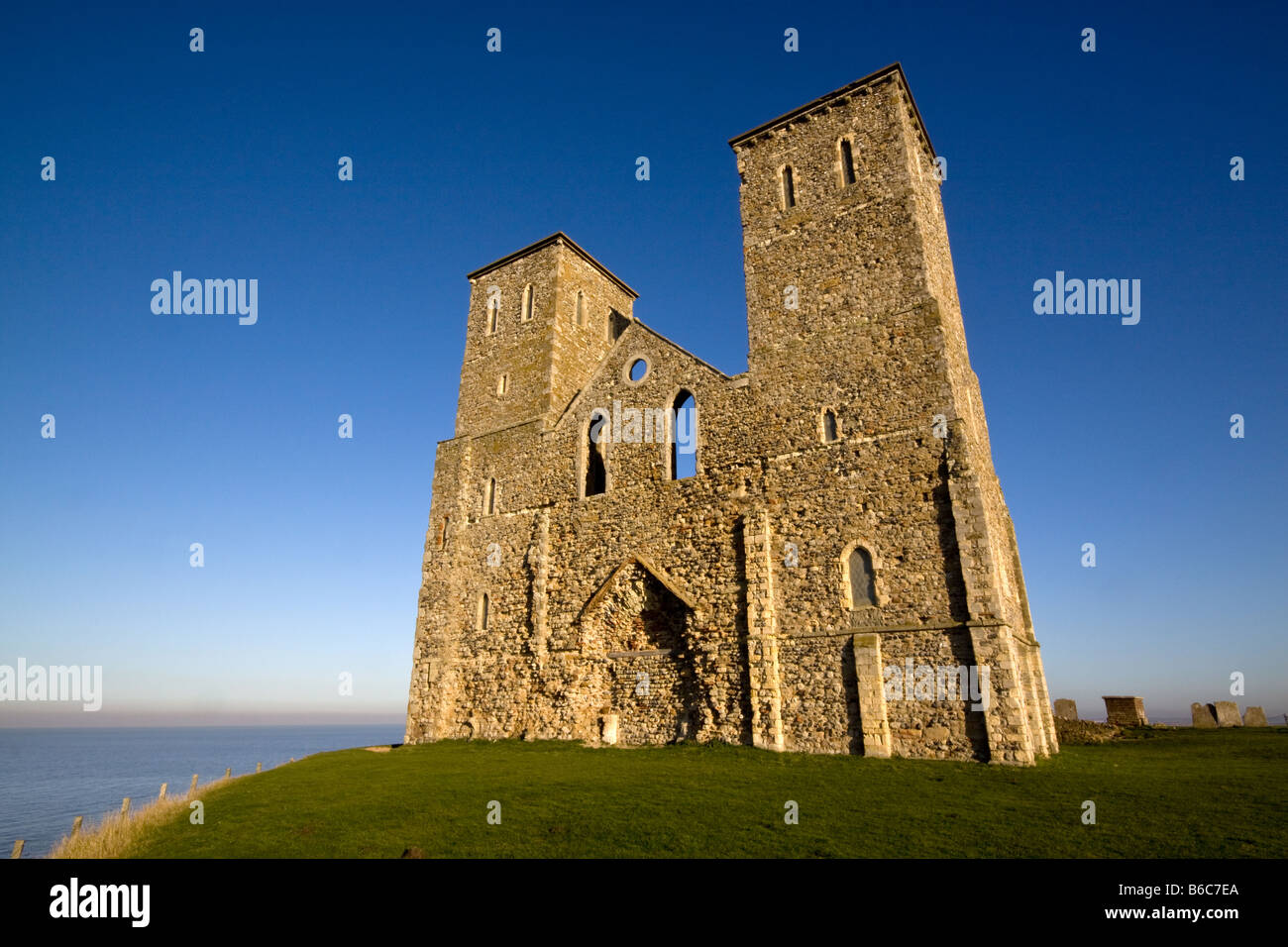 Reculver Castle on the North Kent Coast overlooking the Thames Estuary ...