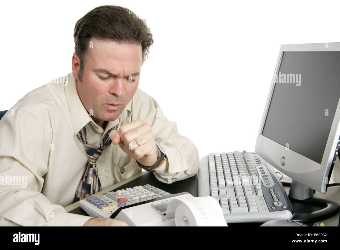 A man with a severe chest cold at work Isolated on white Stock Photo ...
