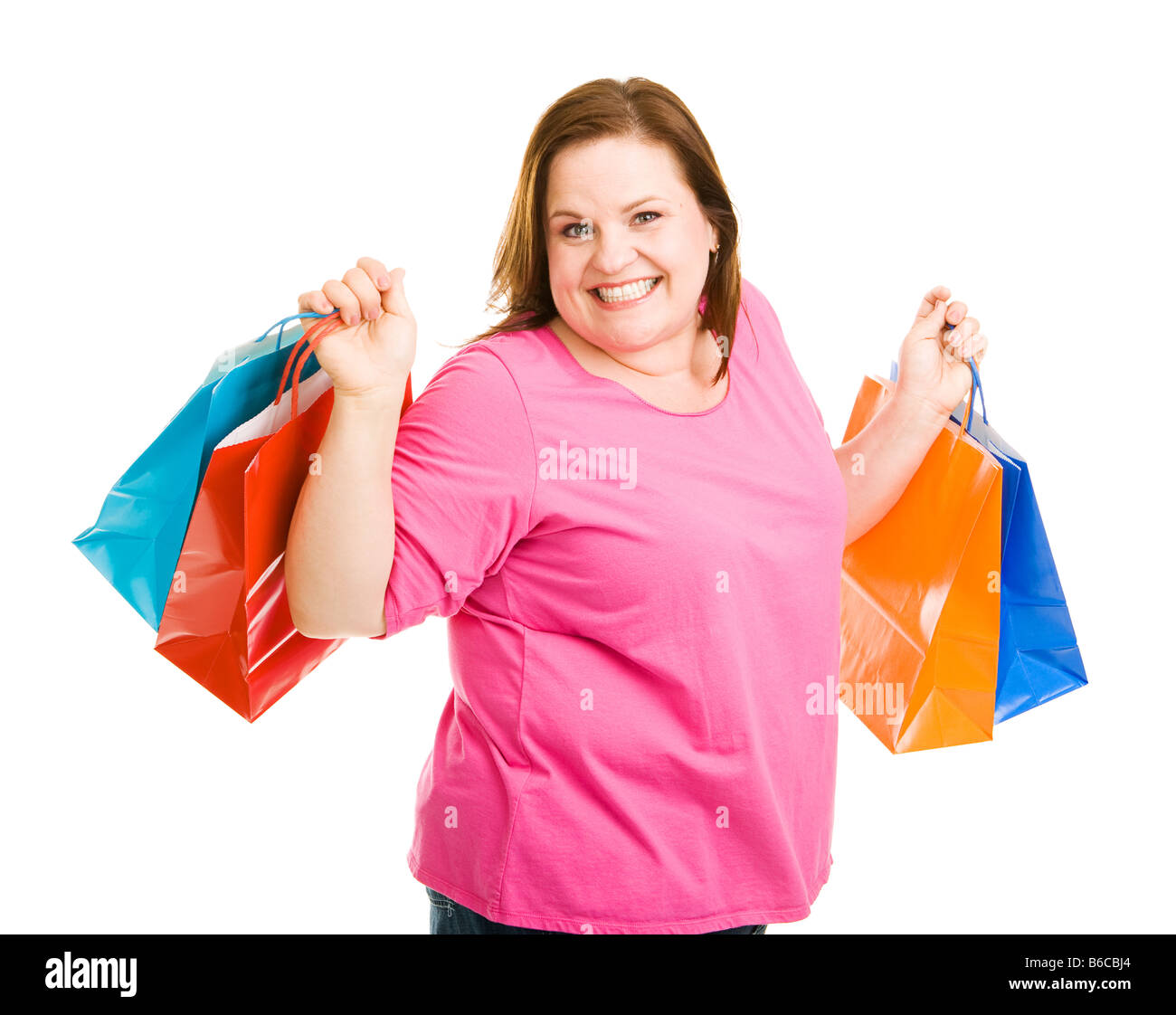 Pretty plus sized model having fun shopping Isolated on white Stock ...