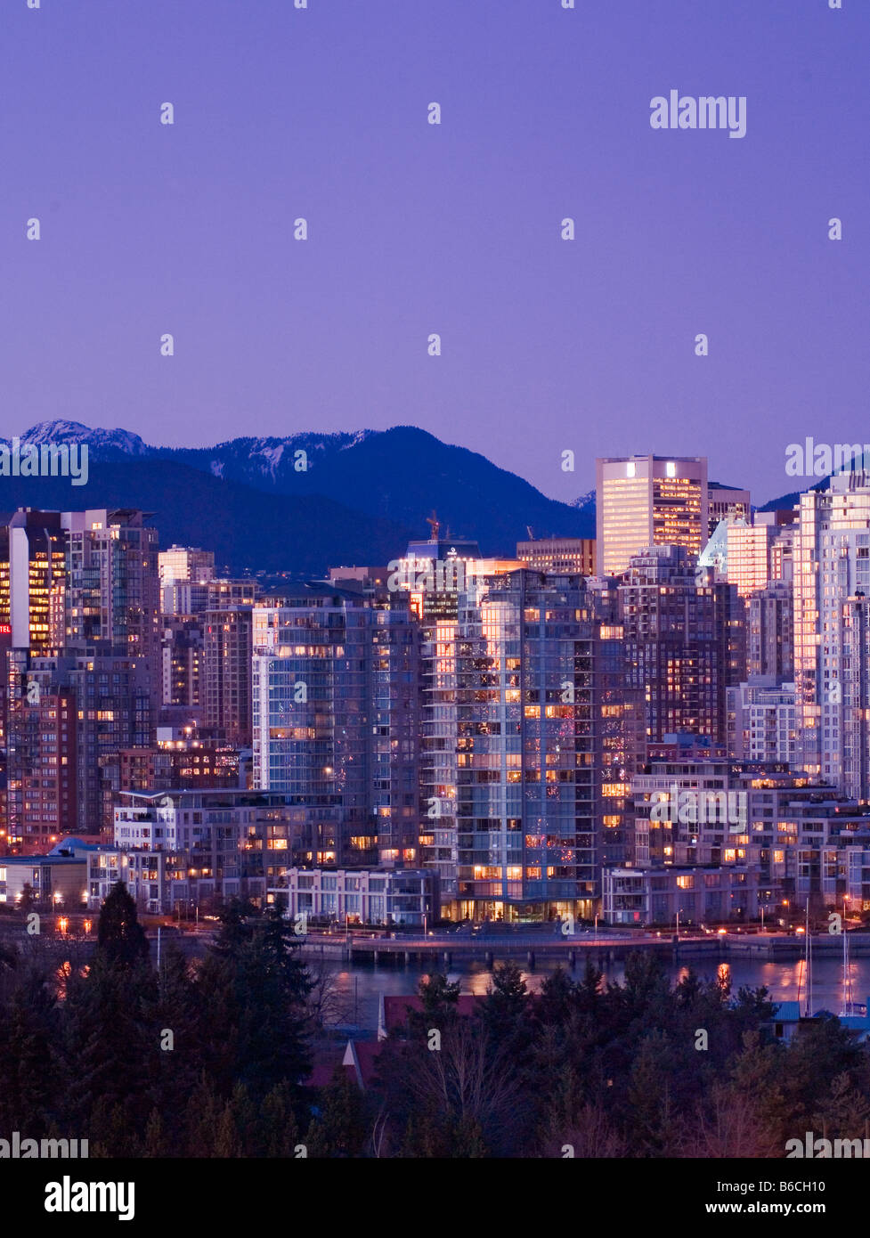 City skyline and north coast mountains at twilight Vancouver British ...
