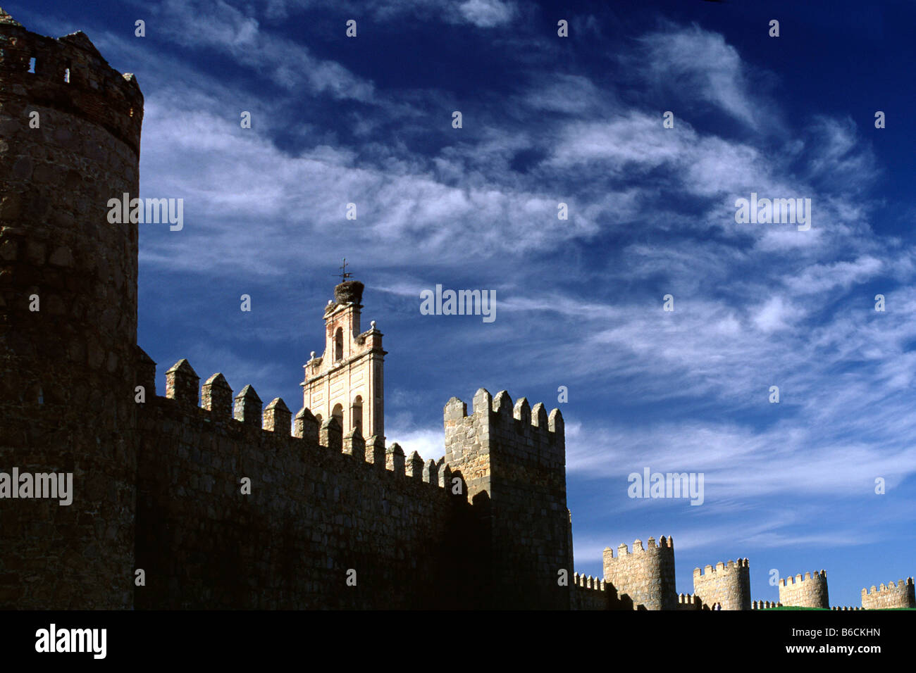 Low angle view of fortified wall of castle, Avila, Spain Stock Photo ...