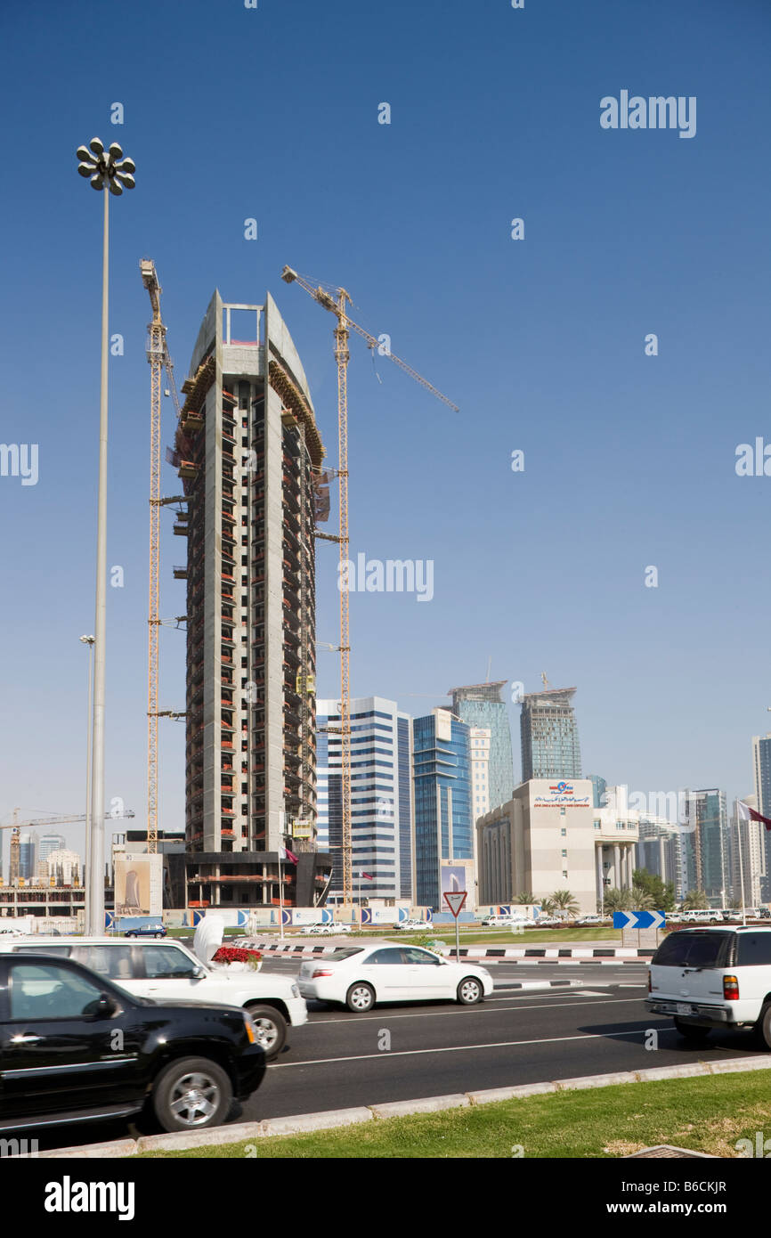traffic and construction of highrise buildings in Doha, Qatar Stock ...