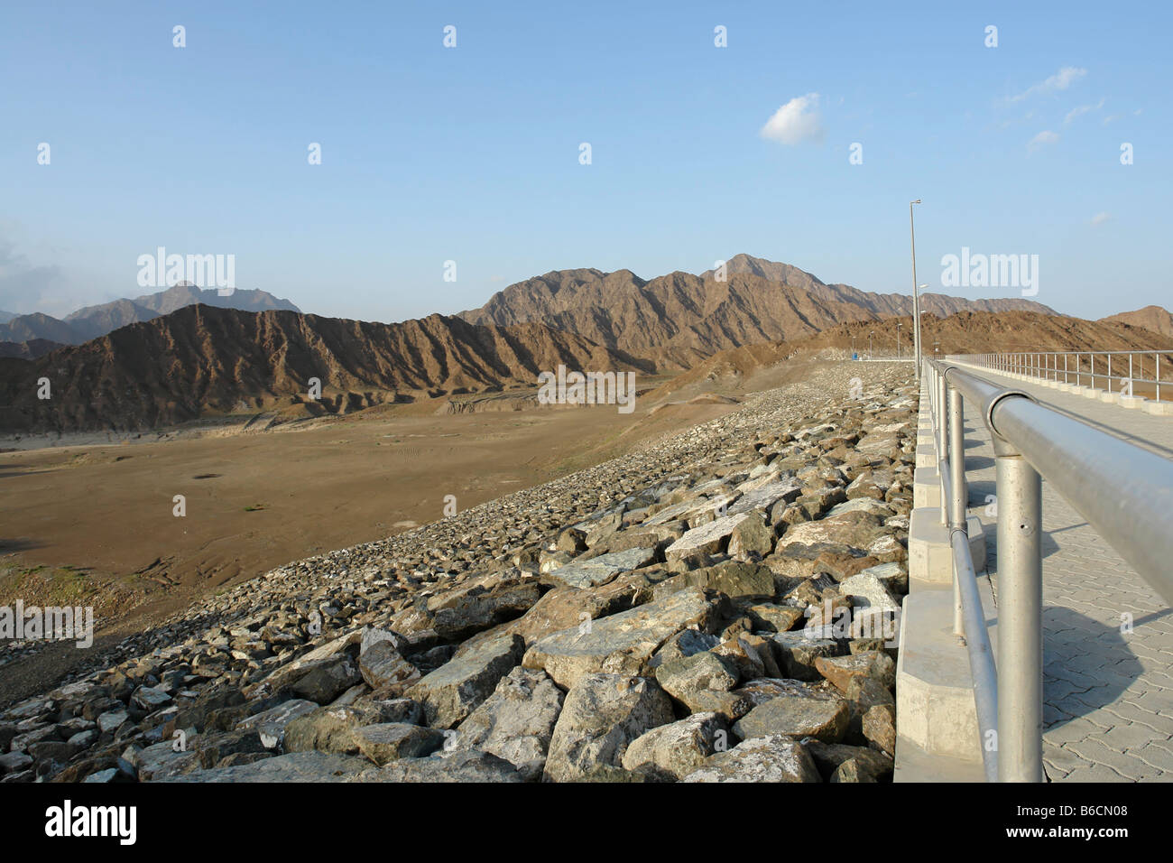Dry reservoir at roadside, Wadi Wurayah, Fujairah, United Arab Emirates ...