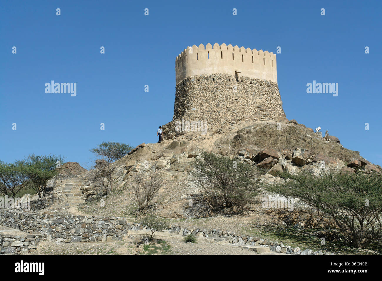Watchtower on hill, Bidiya Mosque, Fujairah, United Arab Emirates Stock ...