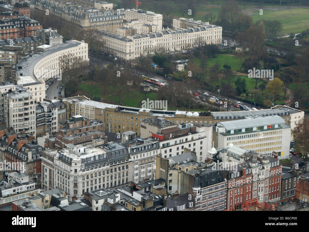 Aerial view of the Regency buildings of Park Crescent (1812-22) and ...