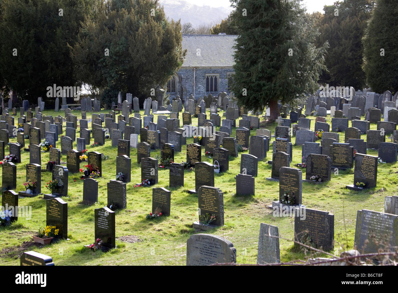Welsh Graveyard with headstones on grass. Back light. Horizontal 81743 ...