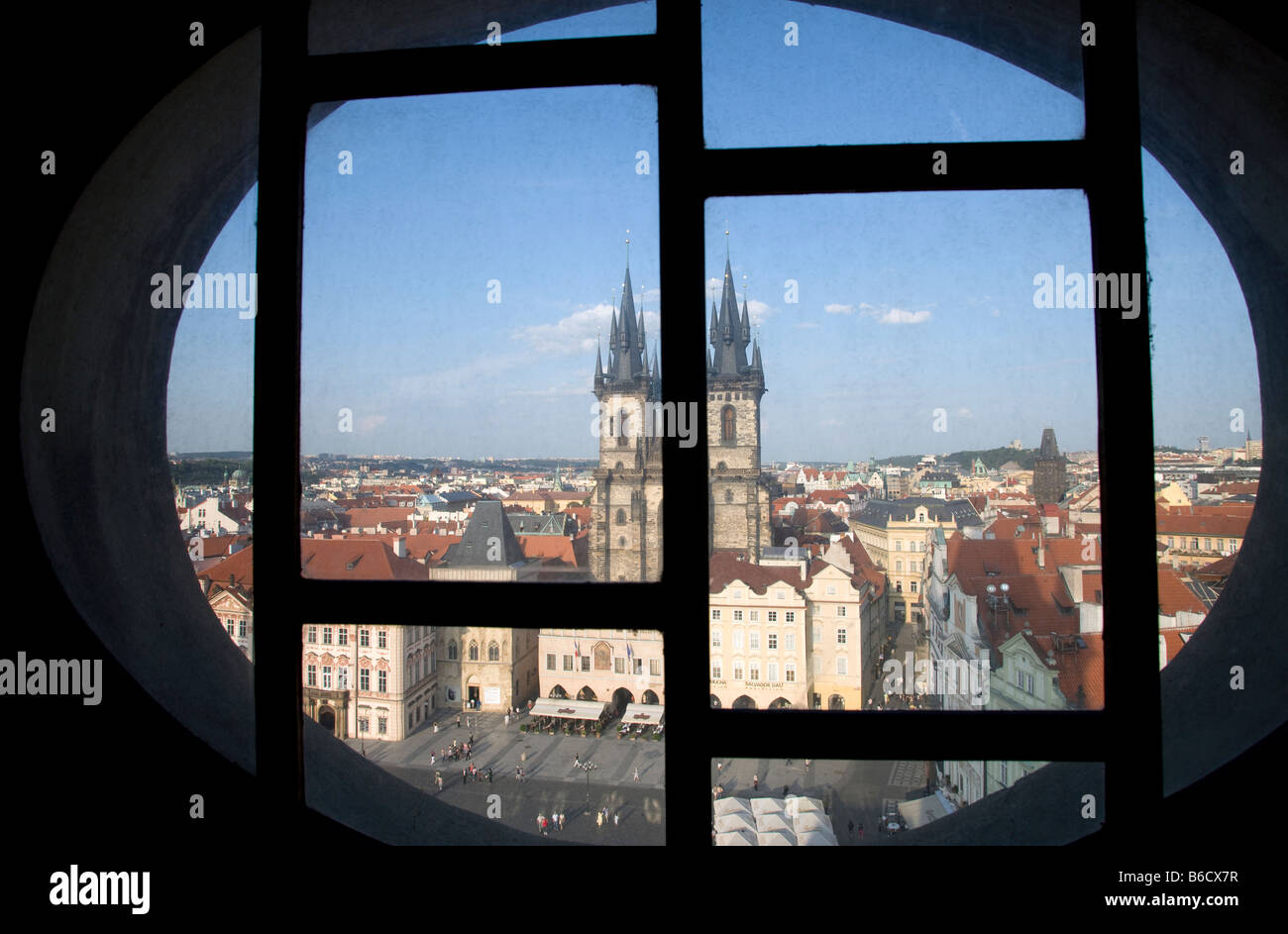 TYN CHURCH OLD TOWN SQUARE VIEW THROUGH WINDOW FRAME OF OLD TOWN HALL ...