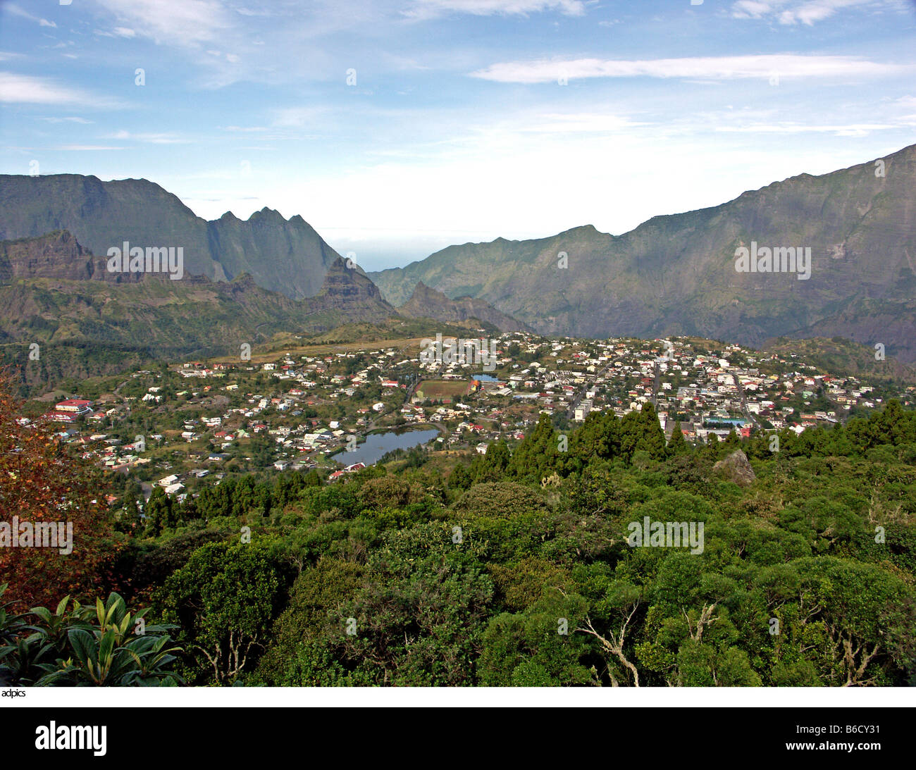 Aerial view of town in valley Stock Photo - Alamy
