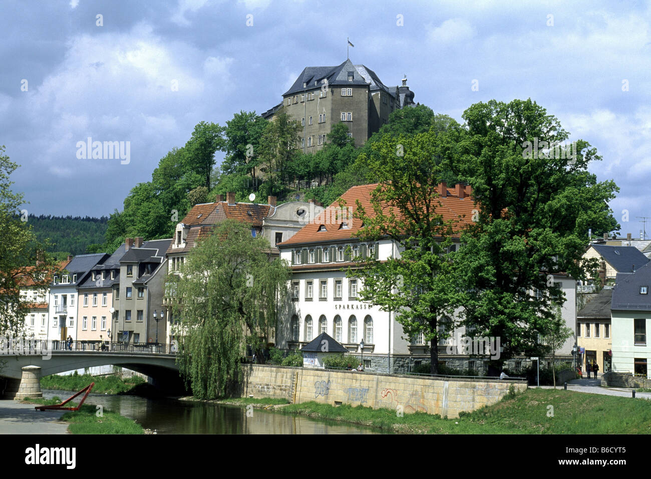 Castle on hill, Oberes Schloss, Greiz, Thuringia, Germany Stock Photo ...