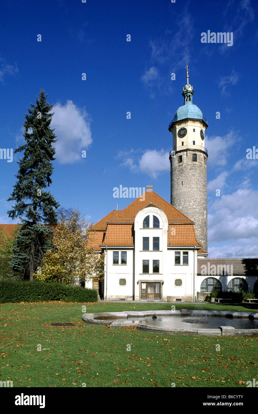 Pond in front of tower building, Neideckturm, Arnstadt, Thuringia ...