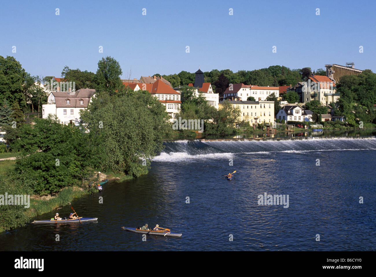 High angle view of people kayaking in river, Saale River, Bad Koesen ...