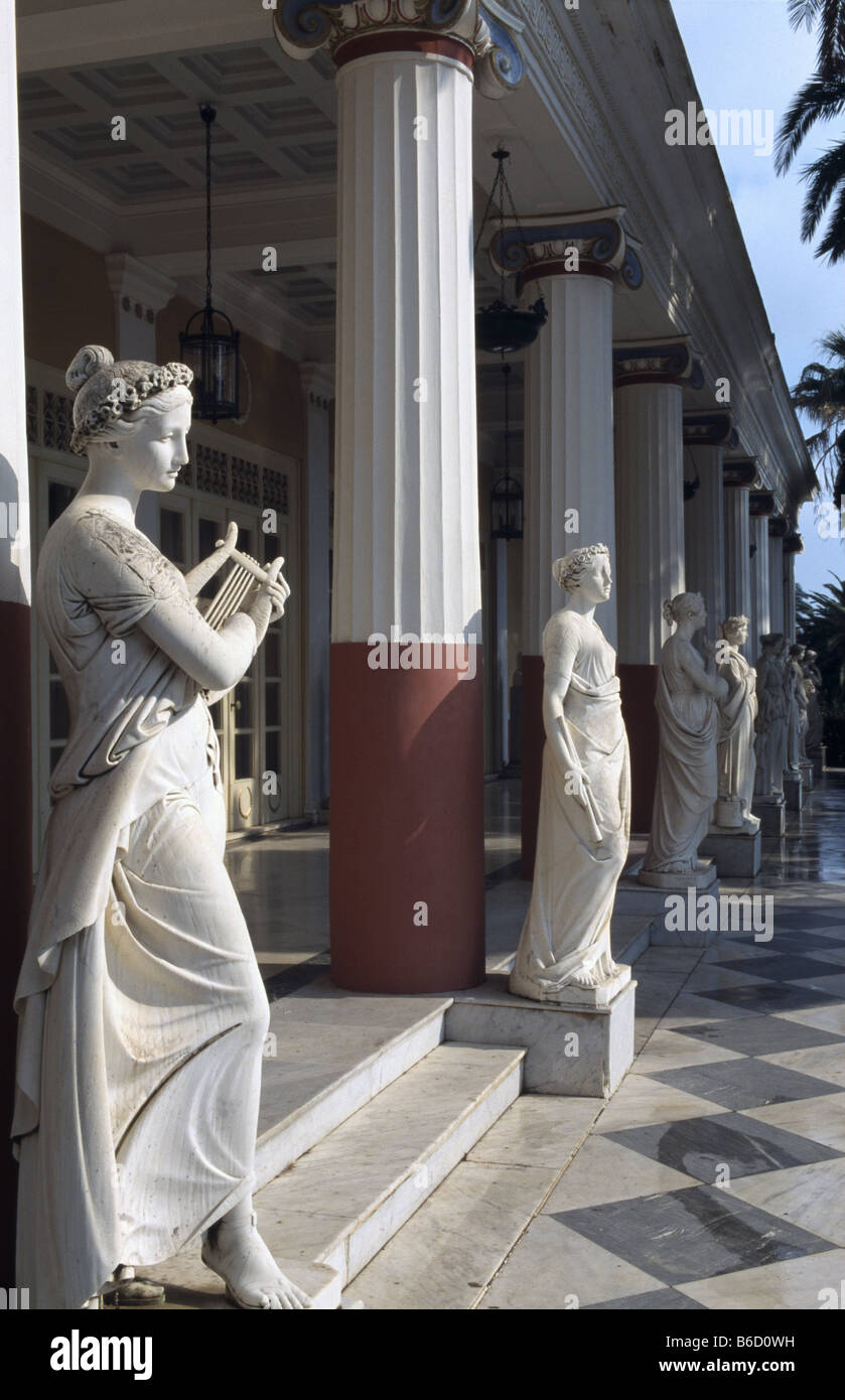Statues in courtyard of palace, Villa Achillion, Corfu, Ionian Islands ...