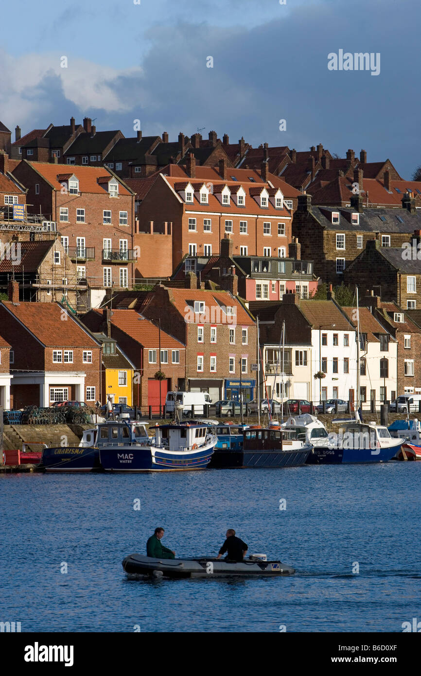 Whitby harbour waterfront quays boats North Yorkshire UK Great Britain ...