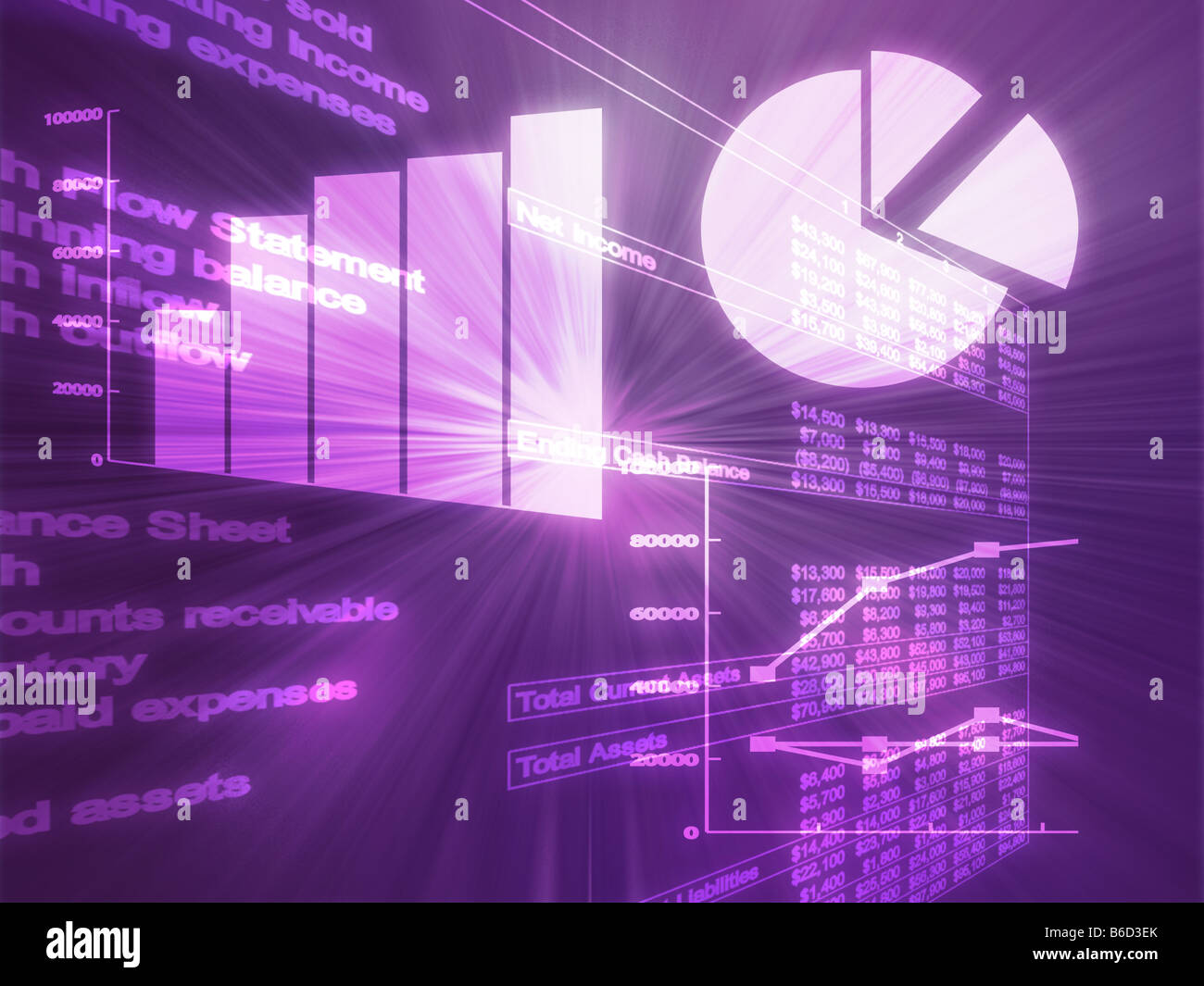 Illustration of Spreadsheet data and business charts in glowing ...